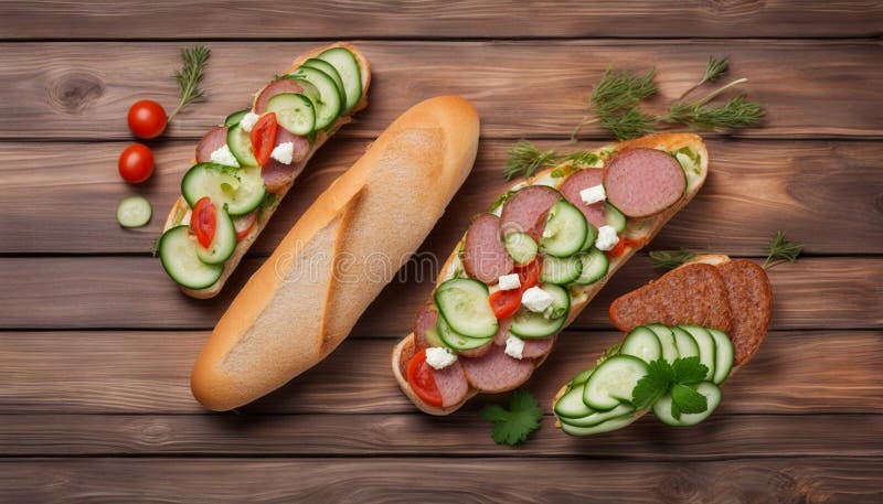 Three Open Sandwiches with Bread, Sausage, Cheese, Pomodory, Cucumber ...