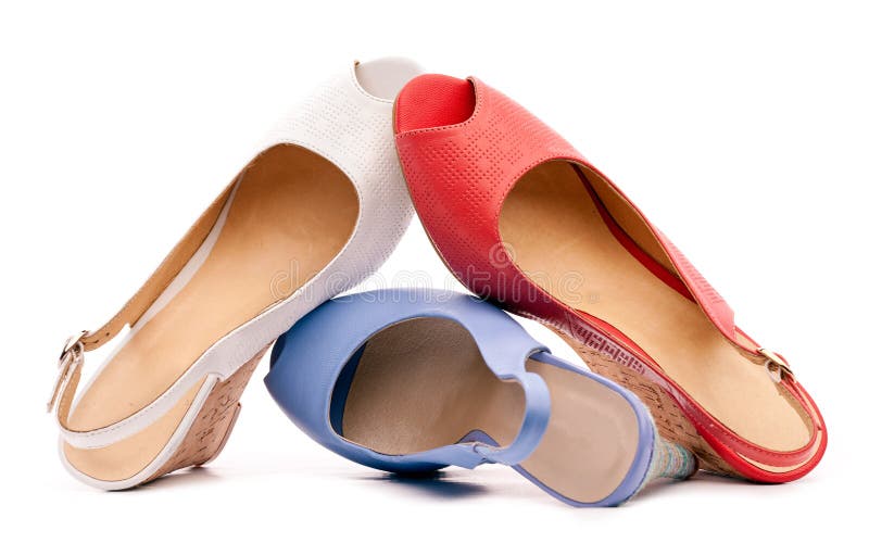 Three Open-toe Women Shoes Against White Stock Image - Image of ...