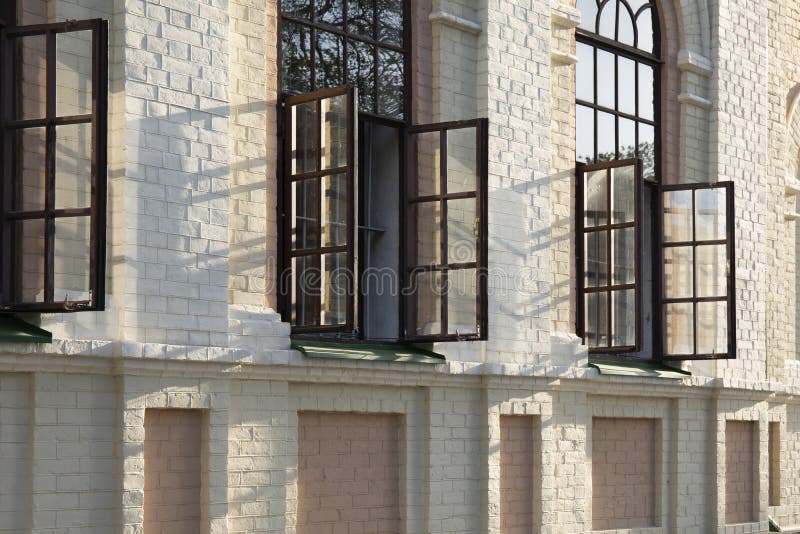 Three Open Windows of Antique Building Stock Photo - Image of exterior ...
