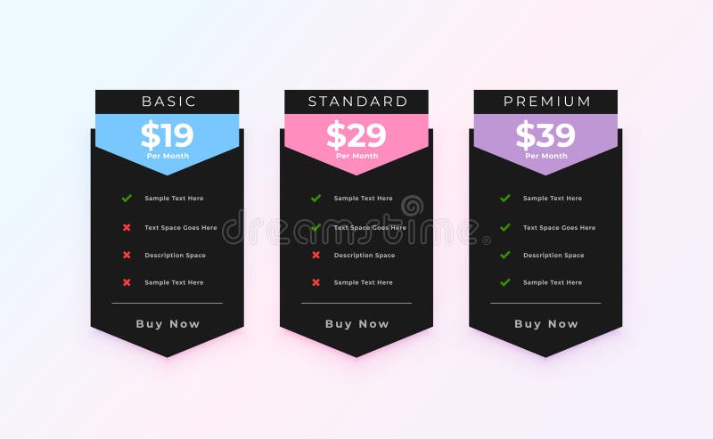 Three Option Subscription Pricing Plan Table Layout Design Stock Vector ...