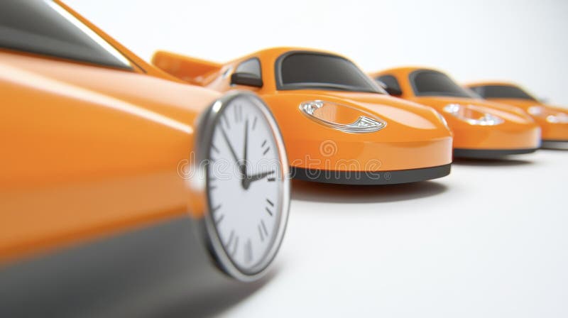Three Orange Cars are Lined Up in Front of a Clock Stock Image - Image ...