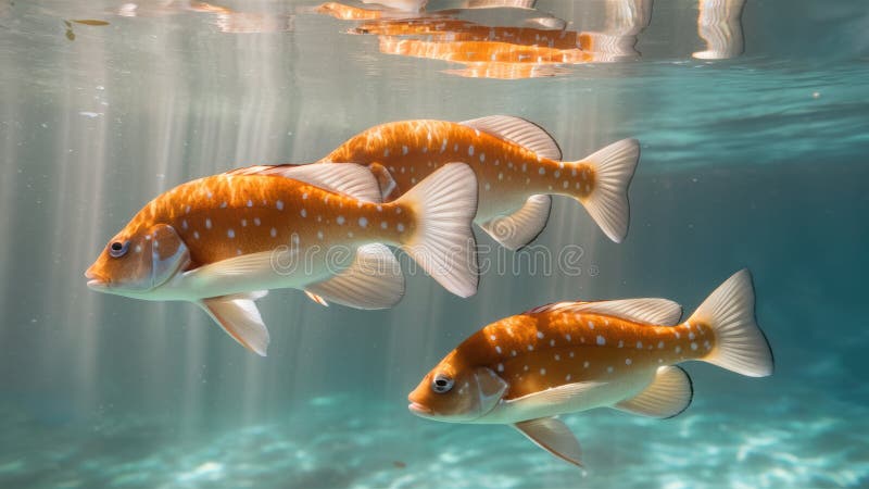 Three Orange Fish Swimming in the Water Under a Blue Sky, AI Stock ...