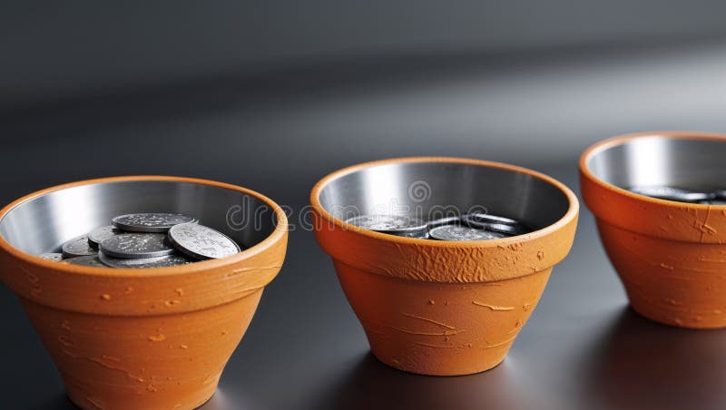 Three Orange Flower Pots with Coins Inside Them are Placed on a Black ...
