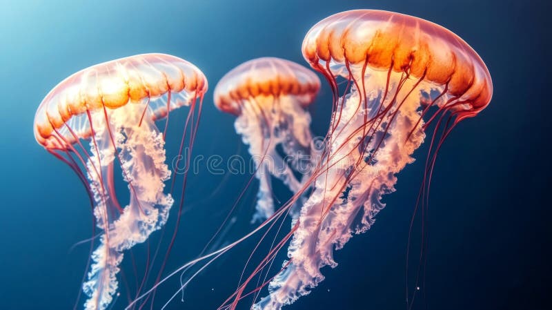 Three Orange Jellyfish Underwater in Blue Ocean Stock Illustration ...