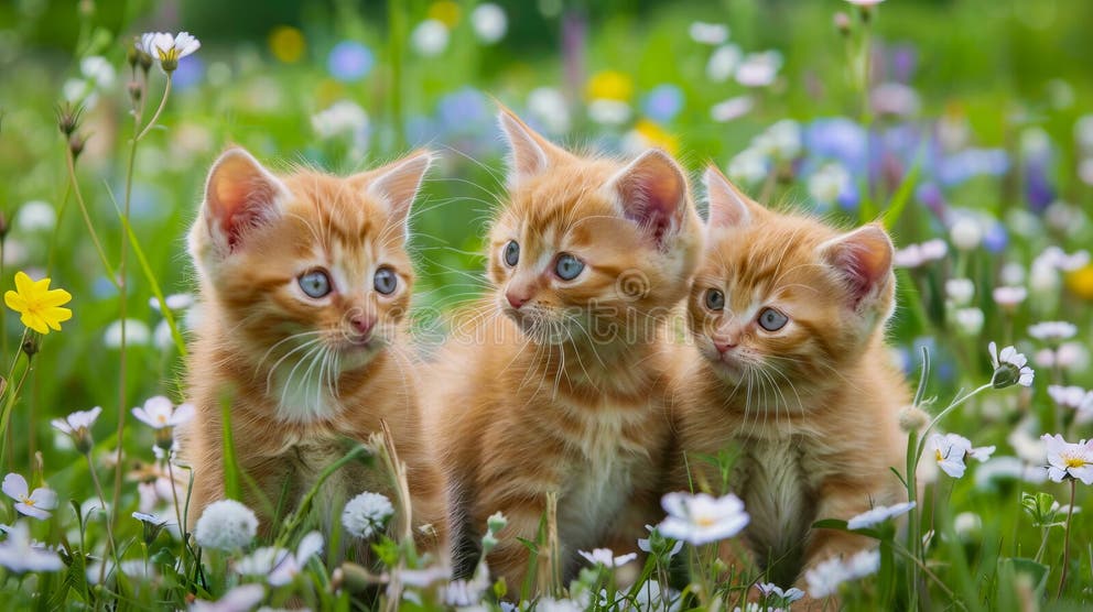 Three Orange Kittens Sitting in a Field of Flowers Stock Photo - Image ...