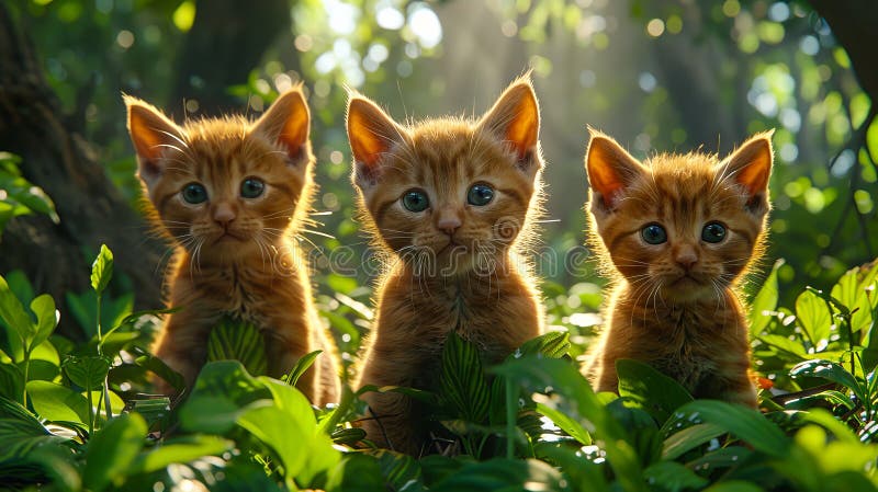 Three Orange Kittens Sitting in the Grass Stock Photo - Image of tree ...