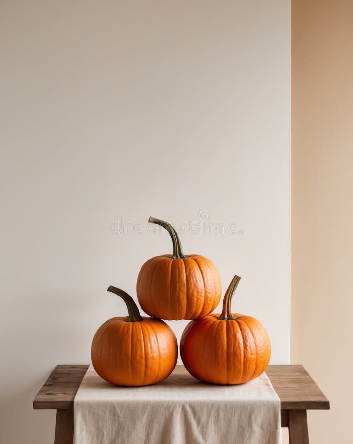 Three Orange Pumpkins Atop a Table S Pile. Stock Photo - Image of three ...