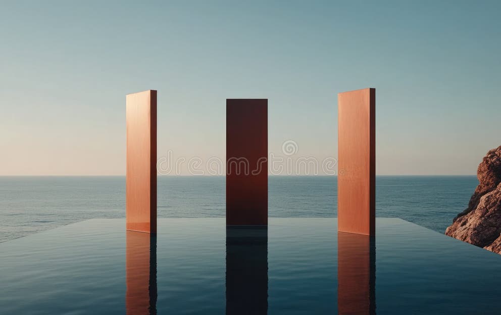Three Orange Rectangular Structures Reflecting in Calm Water Stock ...