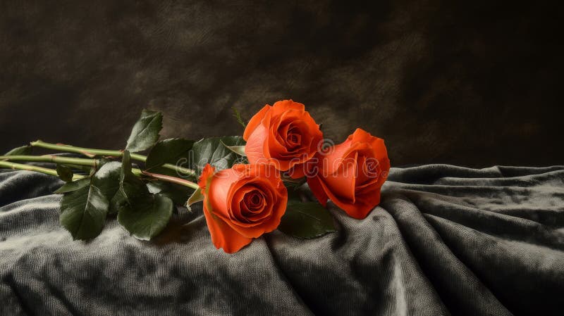 Three Orange Roses Resting on Dark Grey Velvet Stock Illustration ...