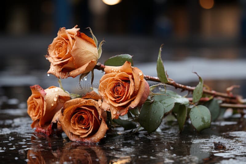 Three Orange Roses Sitting on the Ground in the Rain Stock Illustration ...