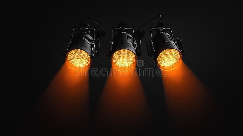 Three Orange Stage Spotlights Casting Light in Dark Theater Setting Stock Image - Image of ...