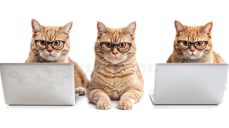Three Orange Tabby Cats Wearing Glasses and Using Laptops, Isolated on ...