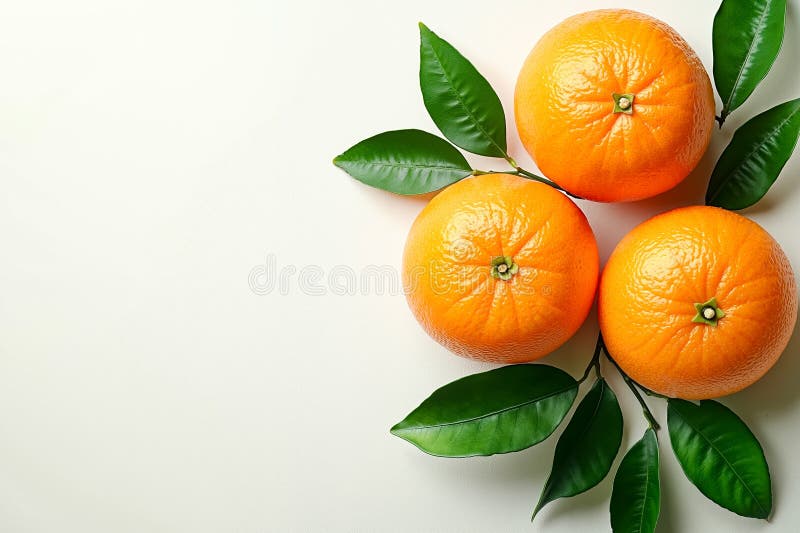 Three Oranges with Green Leaves on a White Surface Stock Image - Image ...