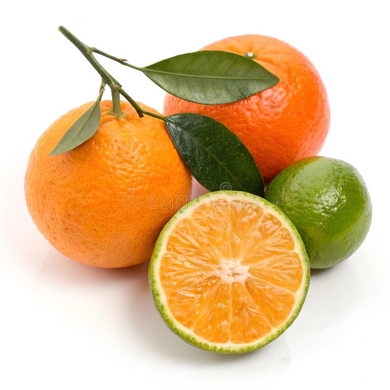 Three Oranges and a Lime with a Green Leaf Isolated on White Background ...