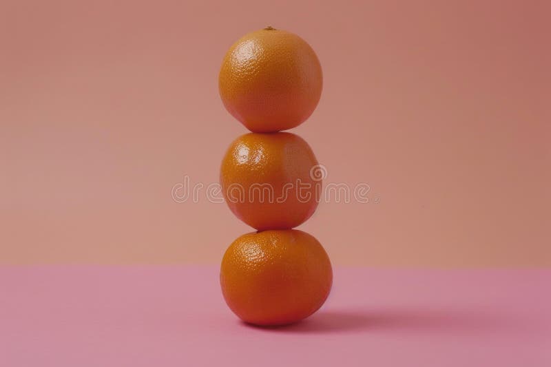 Three Oranges are Stacked on Top of Each Other on a Pink Surface Stock ...