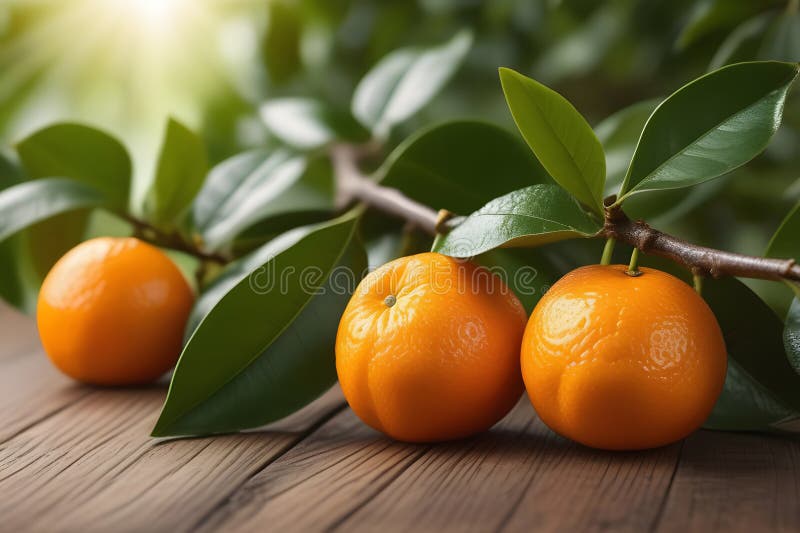 Three Oranges on a Tree Branch with Leaves Stock Illustration ...