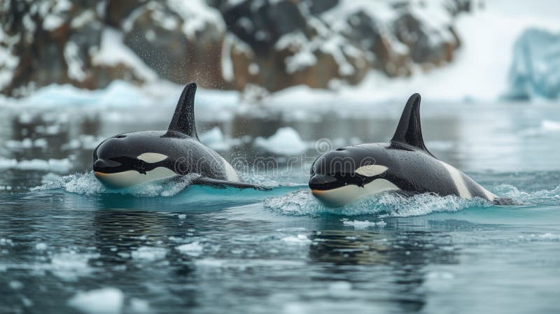 Orcas Swimming Together in the Ocean during Daylight Near the Coast ...