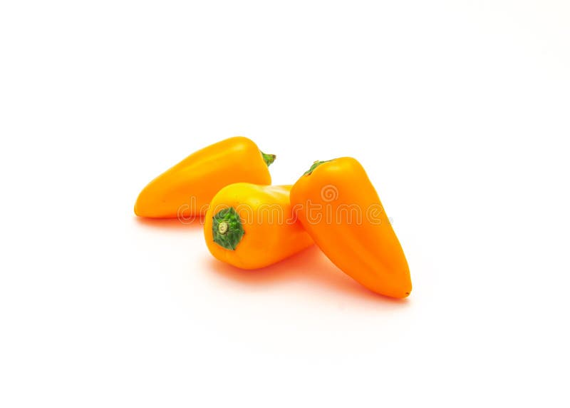 Three Organic Orange Mini Sweet Peppers Snack Isolate on White Stock ...