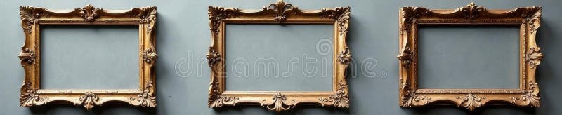 Three Ornate Antique Picture Frames, Gray Backdrop, Rustic, Art Objects ...