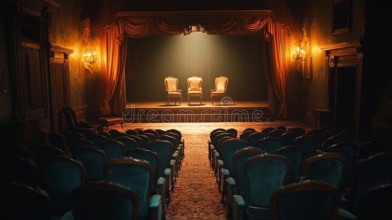 Three Ornate Chairs on a Dimly Lit Theatre Stage Stock Illustration ...