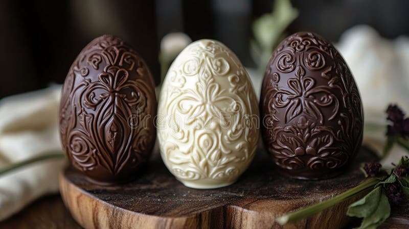 Three Ornate Chocolate Easter Eggs, Dark, Milk, and White Chocolate, on ...