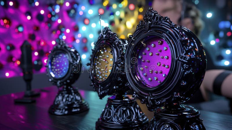 Ornate Dark Objects with Iridescent Interiors on Dark Surface Against ...