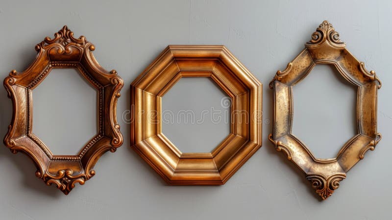 Three Ornate Empty Picture Frames on Grey Wall in Studio, Art Display ...