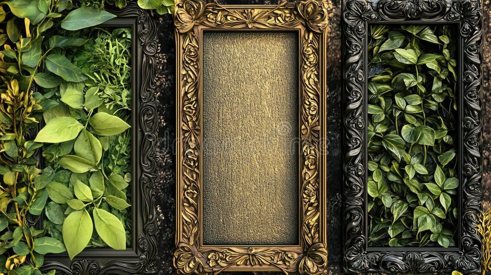 Three Ornate Frames with Lush Greenery and Flowers Inside Stock Photo ...