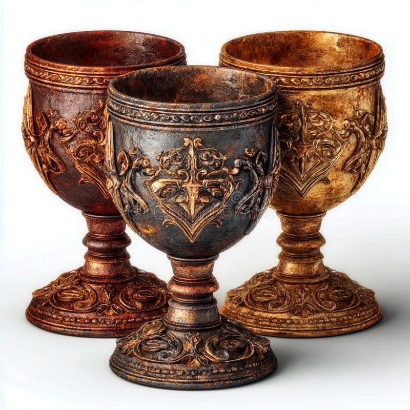 Three Ornate Goblets Displayed on a Plain White Surface Stock Illustration - Illustration of ...