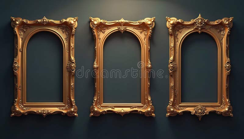 Three Ornate Golden Frames Set Against Dark Background. Empty Royal Gui ...