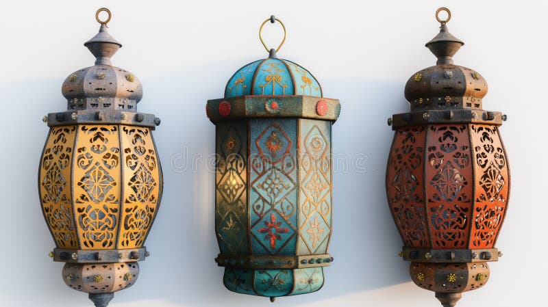 Three Ornate Lanterns in Different Colors with Intricate Cut-out ...