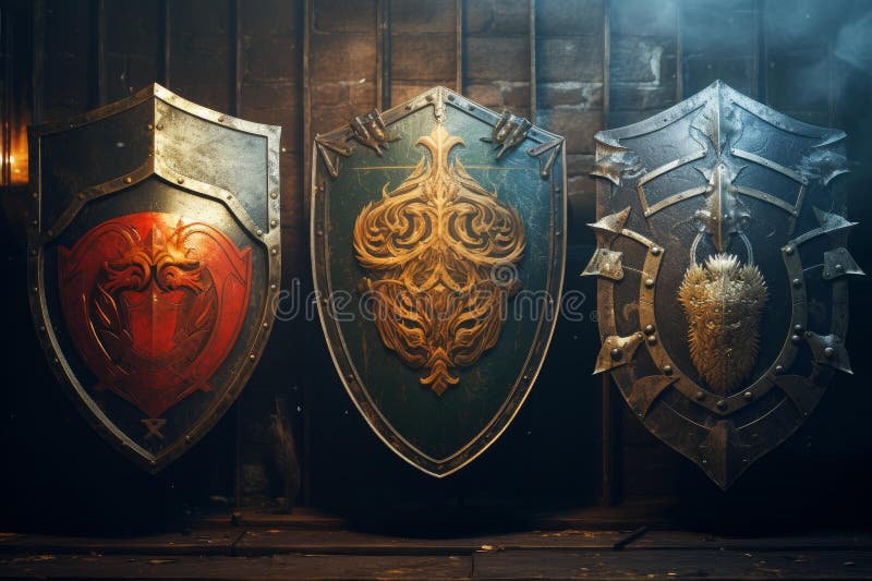 Medieval Shield Trio On Wooden Wall Stock Illustration Illustration