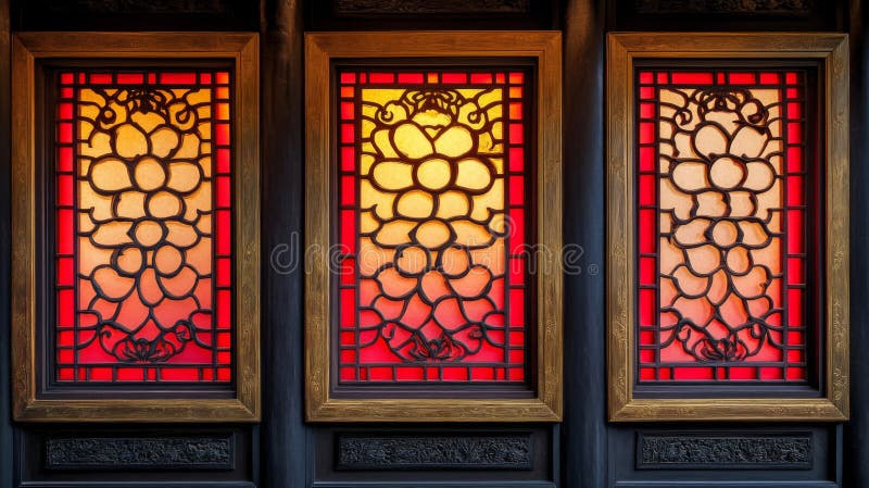 Three Ornate Red and Gold Framed Windows Stock Illustration ...