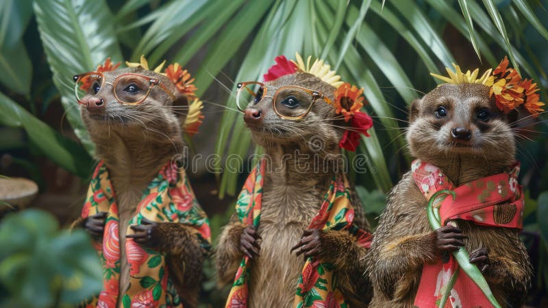 Three Otters in Bright Outfits, Perfect for Animal Lovers Stock Photo ...