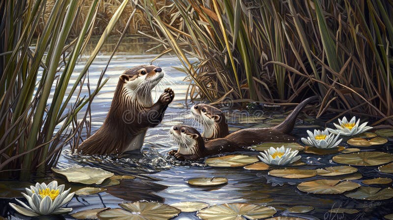 Three Otters Playing in a Pond with Lily Pads and Reeds Stock Image ...