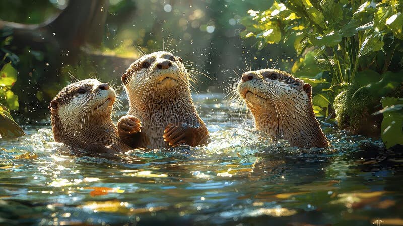 Three Otters Playing in the Water Stock Illustration - Illustration of ...
