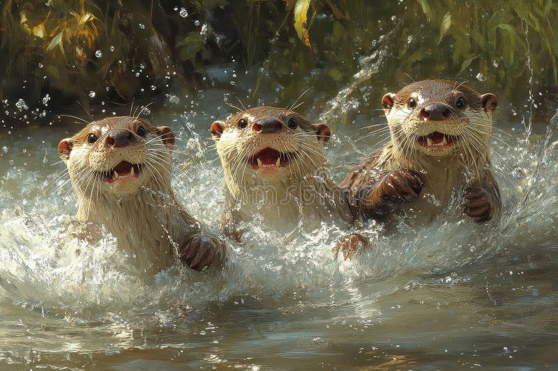 Three Otters Playing in Water Stock Illustration - Illustration of ...