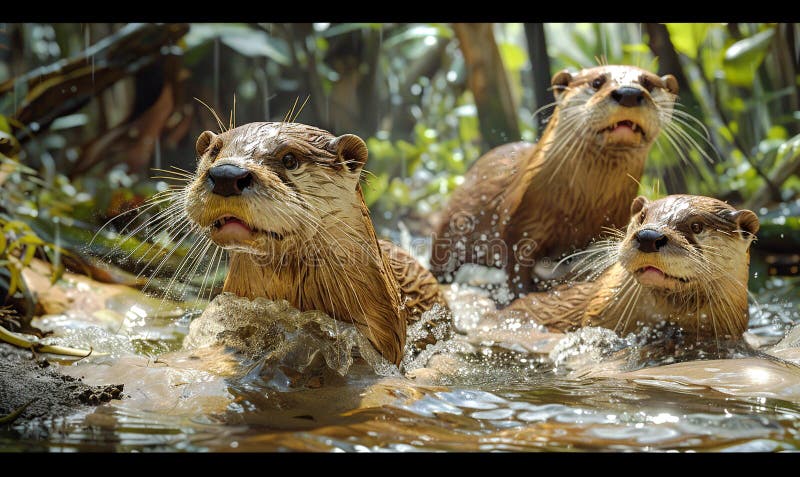 Three Otters on a Riverbank Appear Playful and Inquisitive. Generate AI ...