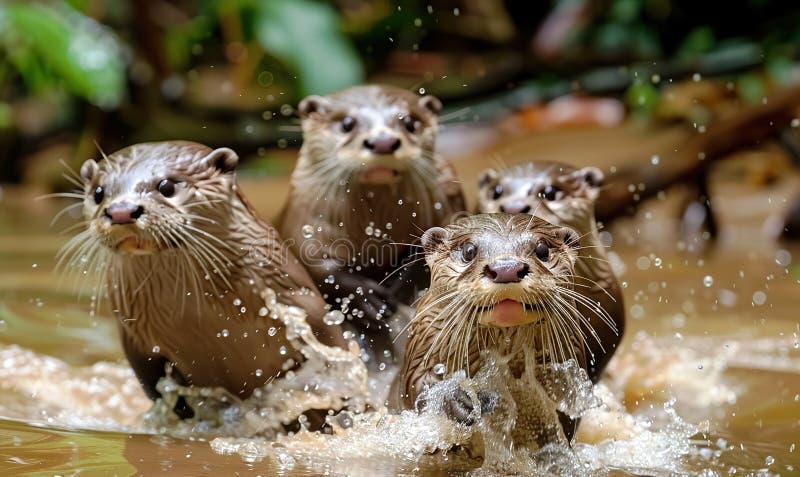 Three Otters on a Riverbank Appear Playful and Inquisitive. Generate AI ...