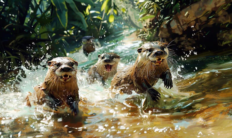 Three Otters on a Riverbank Appear Playful and Inquisitive. Generate AI ...