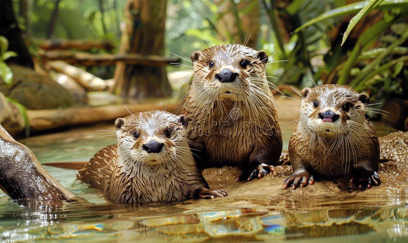 Three Otters on a Riverbank Appear Playful and Inquisitive. Generate AI ...