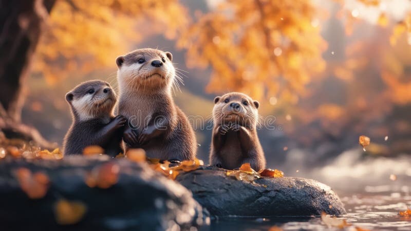 Three Otters Sitting on a Rock in the Water, AI Stock Image - Image of ...