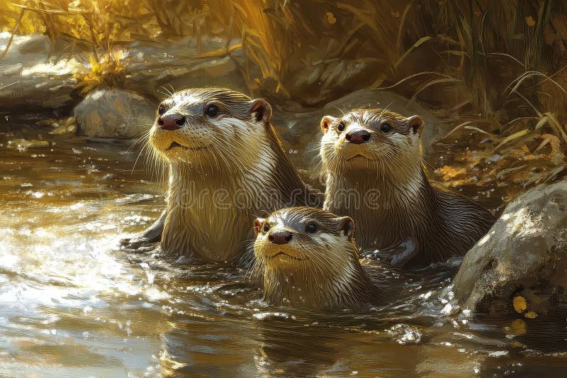 Three Otters in a Stream stock illustration. Illustration of otters ...