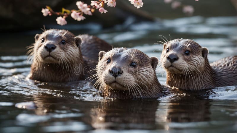 Adorable Three Otters Swimming Together in Serene Water Stock ...