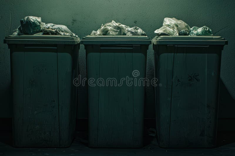 Three Overflowing Trash Bins Filled with Waste and Debris Located in a ...