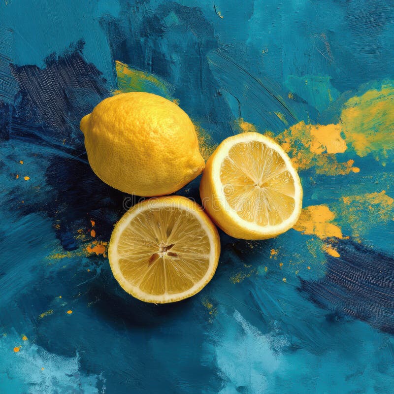 Three Overlapping Lemon Halves on a Painted Surface, with a Vibrant ...