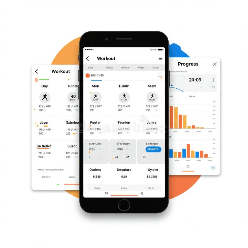 Three Overlapping Smartphone Screens Display a Workout App Interface ...
