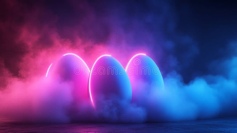 Three Ovoid Forms Illuminated by Neon Lights in Smoke Stock Photo ...