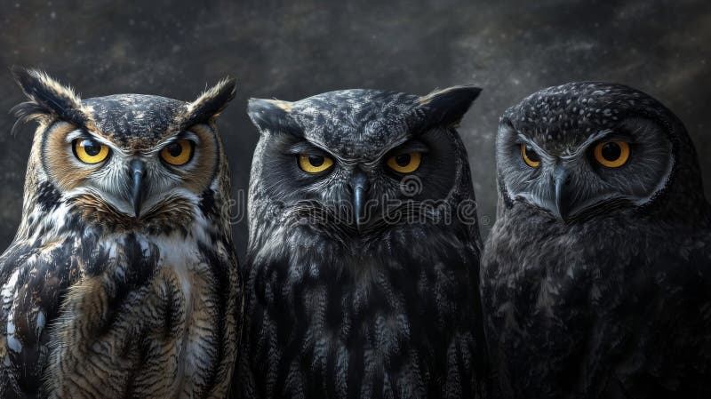 Three Owls in Dark Setting stock illustration. Illustration of wildlife ...