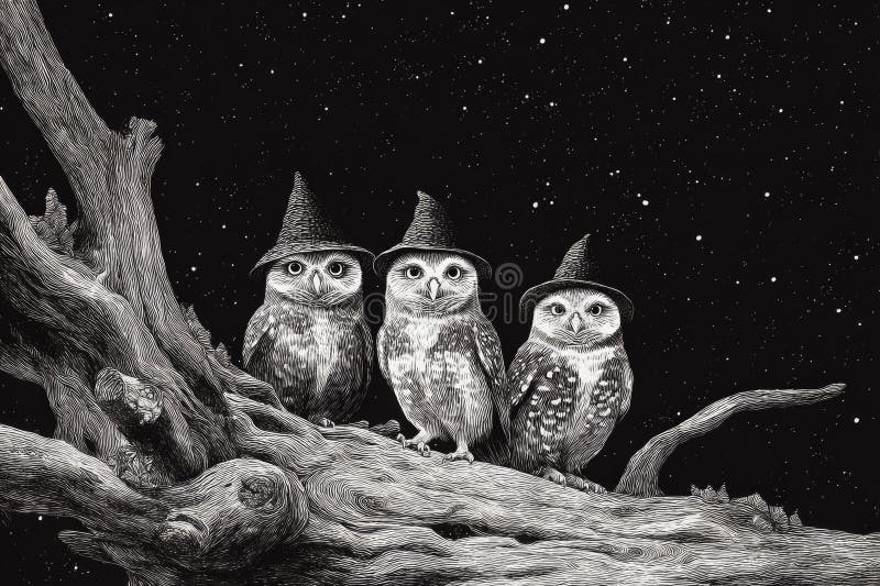 Three Owls in a Dead Tree, Each Wearing a Tiny Witch Hat, Starry Night Sky, Hand Drawn Ink Stock ...
